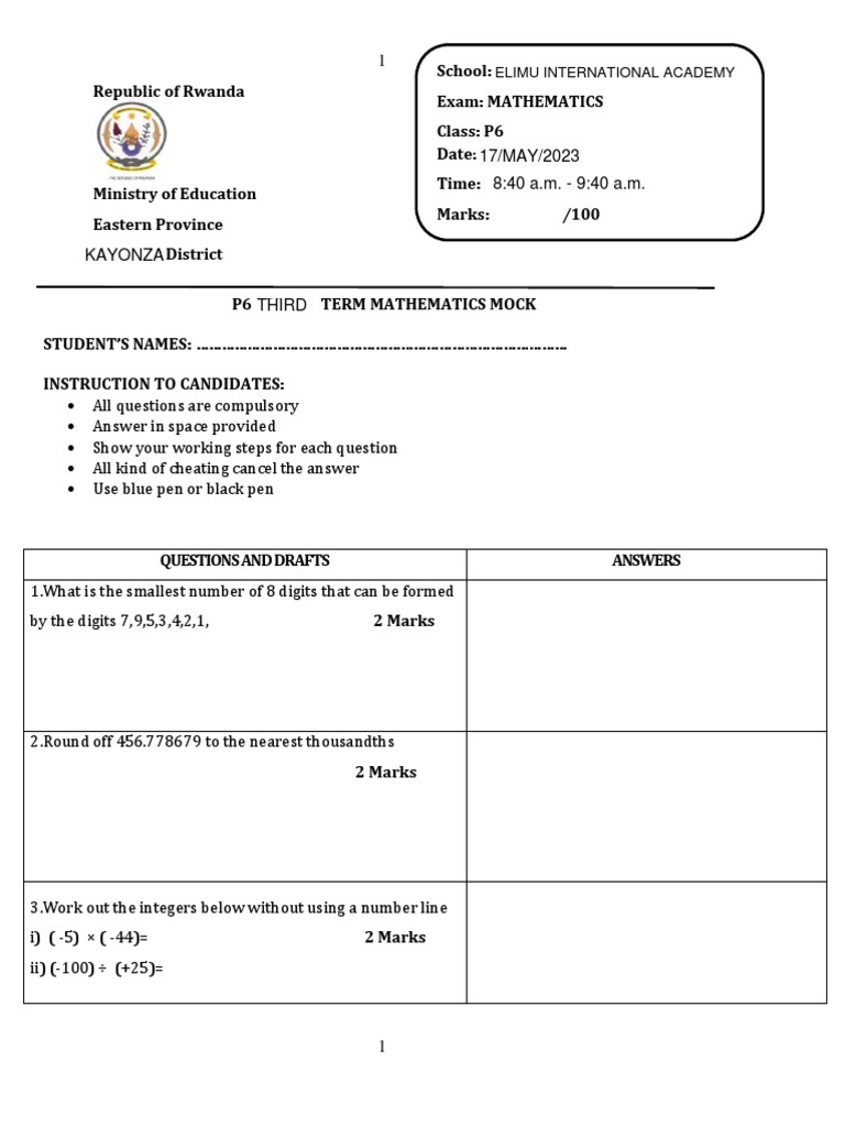 P6 mathematics mock | PDF