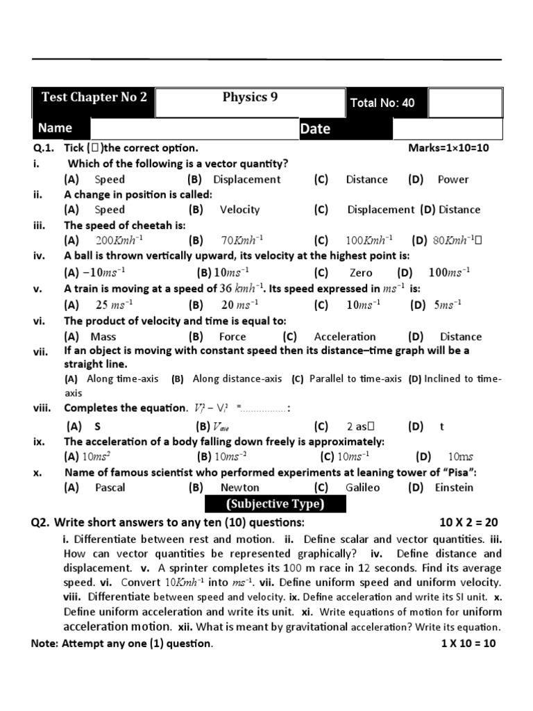 9th Class CH Wise Test | PDF | Force | Velocity