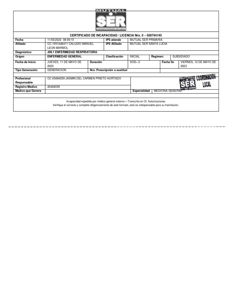 Certificado de Incapacidad Mutual Ser | PDF