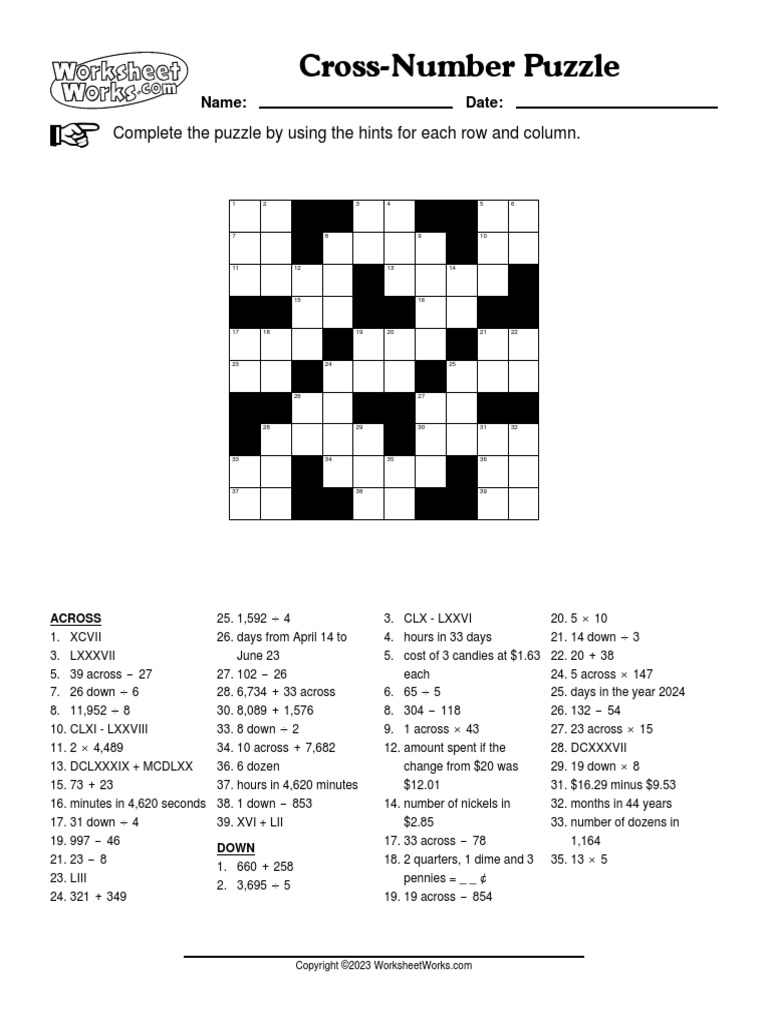 WorksheetWorks CrossNumber Puzzle 1 | PDF