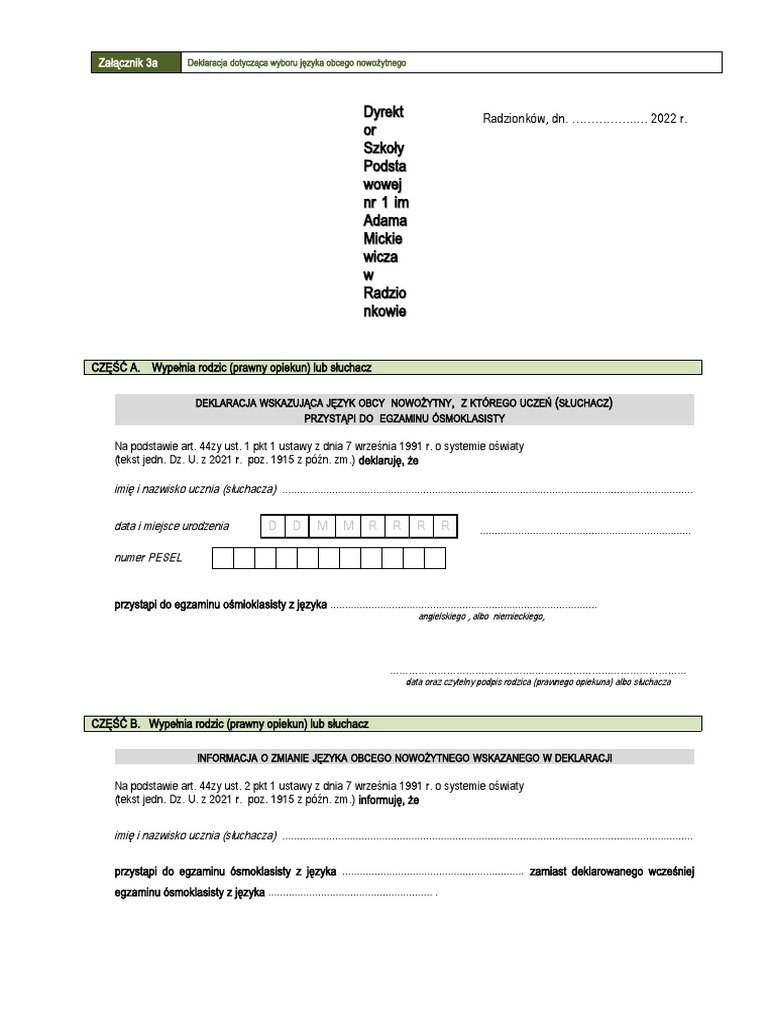 Załącznik 3a Deklaracja Wyboru Języka - Egz. Ósmoklasisty | PDF