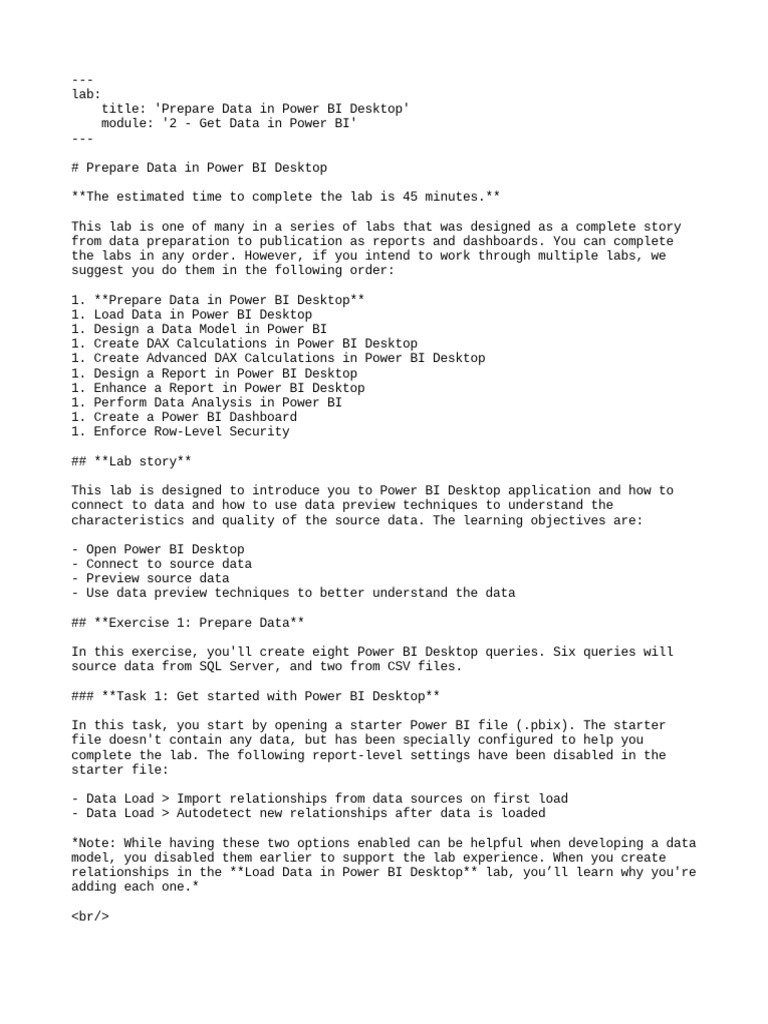 01 Prepare Data With Power Query In Power Bi Desktop Pdf Table Database Microsoft Sql Server