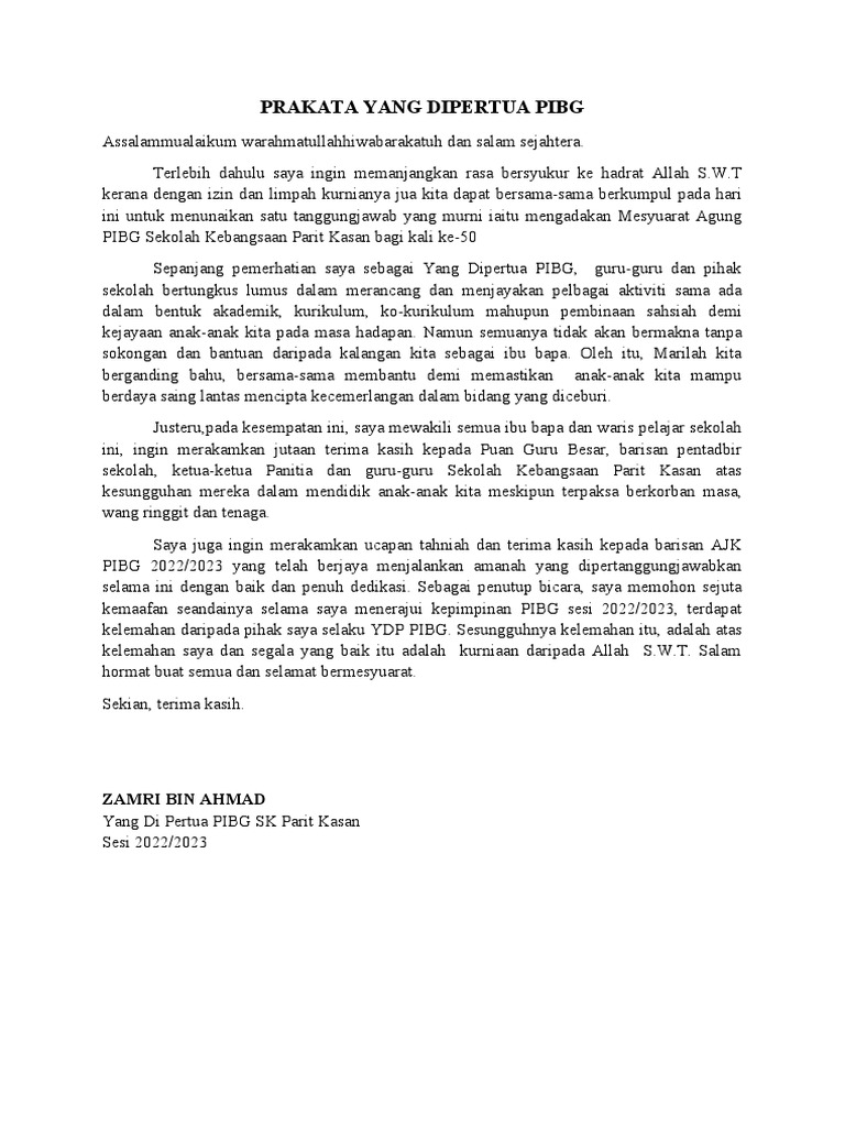 PRAKATA YANG DIPERTUA PIBG | PDF