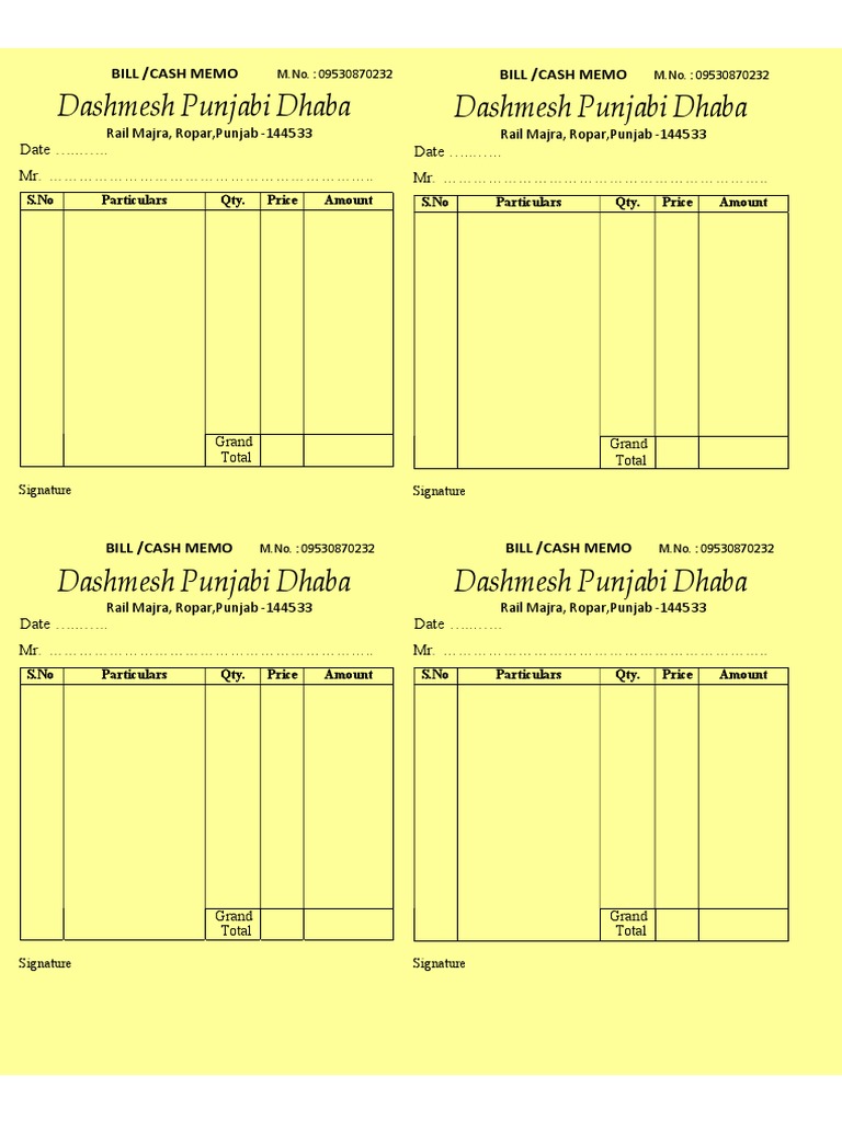 Dashmesh Dhaba Bill Format | PDF