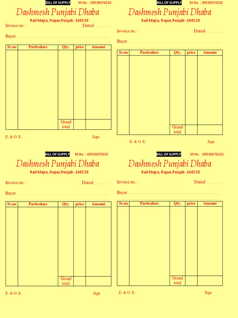 Punjabi Dhaba - Bill | PDF