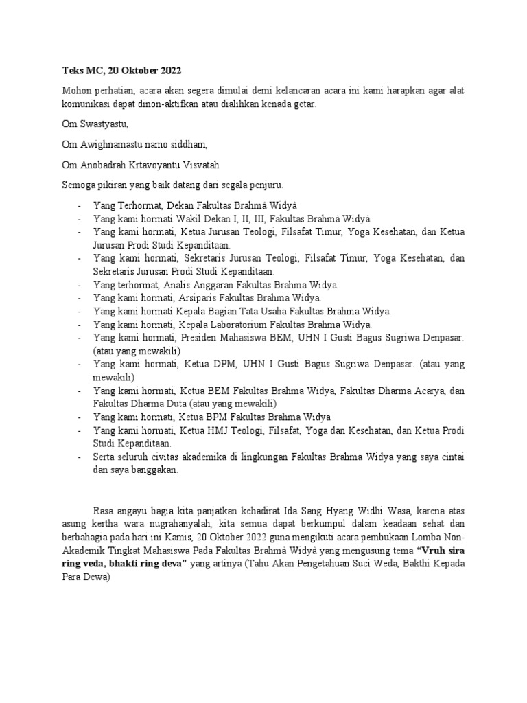 Pembukaan Lomba Non-Akademik Fakultas Brahma Widyà | PDF | Kesehatan Holistik | Agama ...