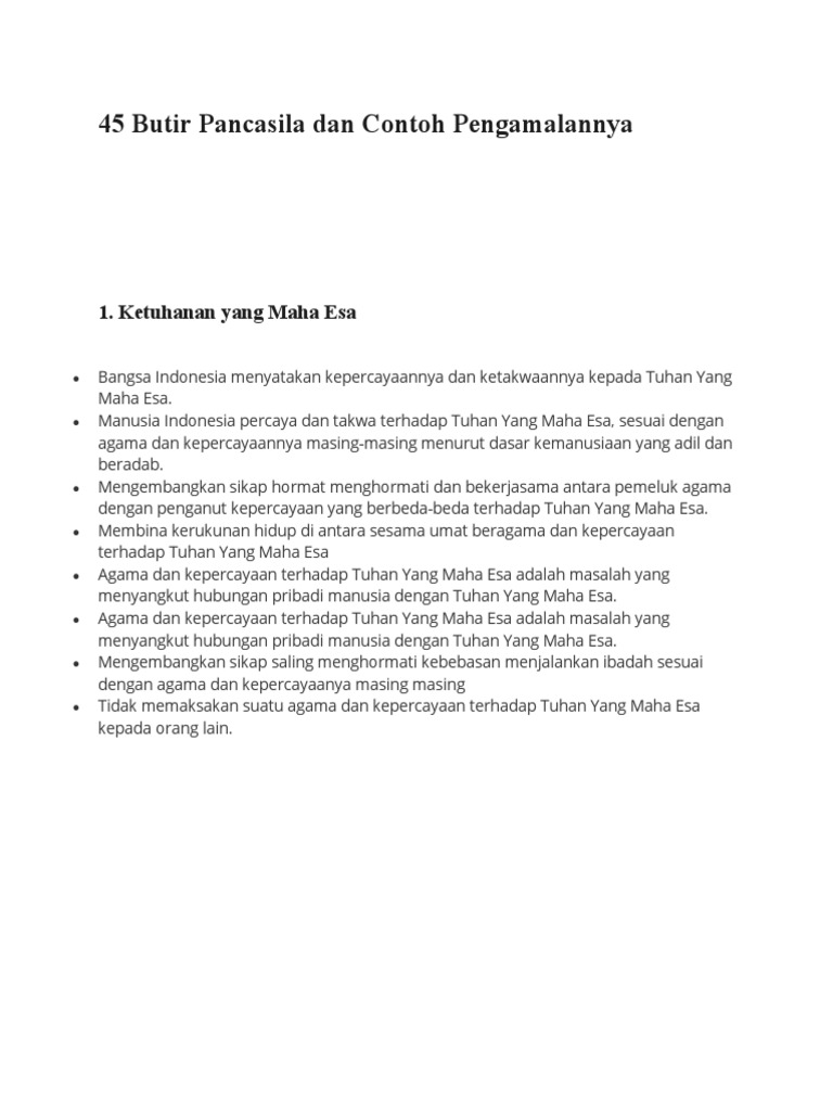 45 Butir Pancasila Dan Contoh Pengamalannya | PDF
