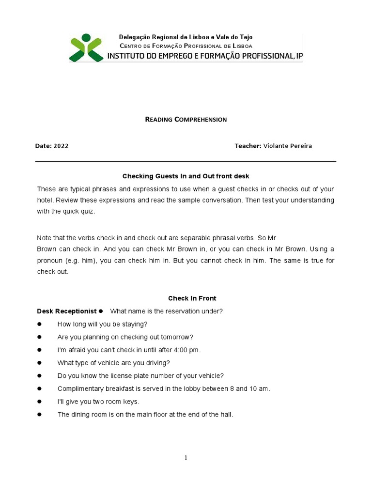Reading Comprehension_Hotel2 Student | PDF | Linguistics