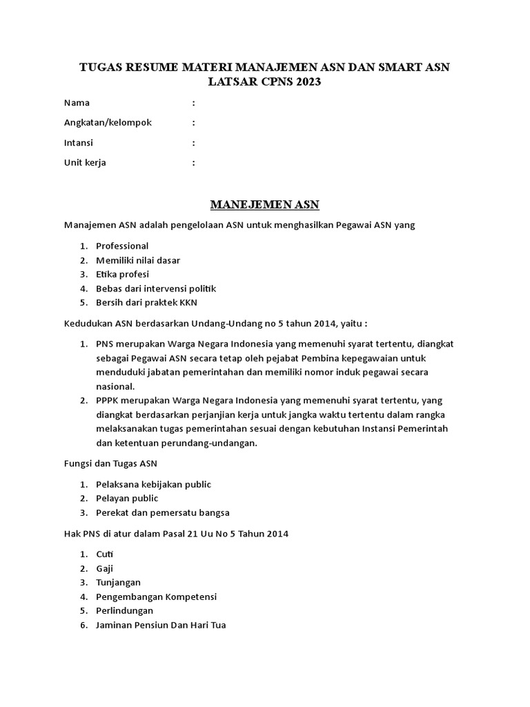Tugas Resume Materi Manajemen Asn Dan Smart Asn Latsar CPNS 2023 | PDF ...