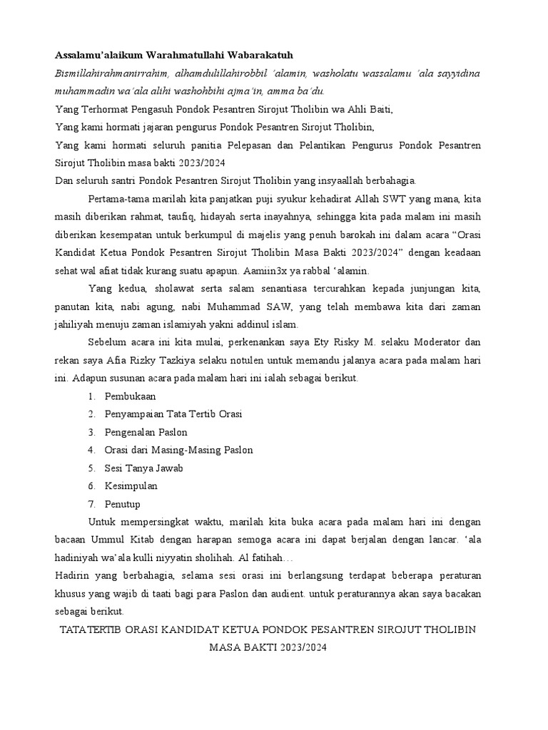 Orasi Kandidat Ketua Pesantren 2023/2024 | PDF