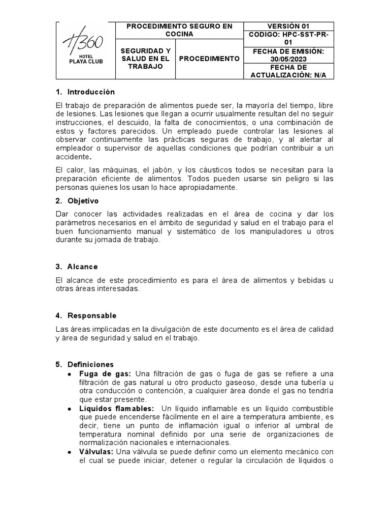 Hpc-sst-pr-01 Procedimiento Seguro en Cocina | PDF