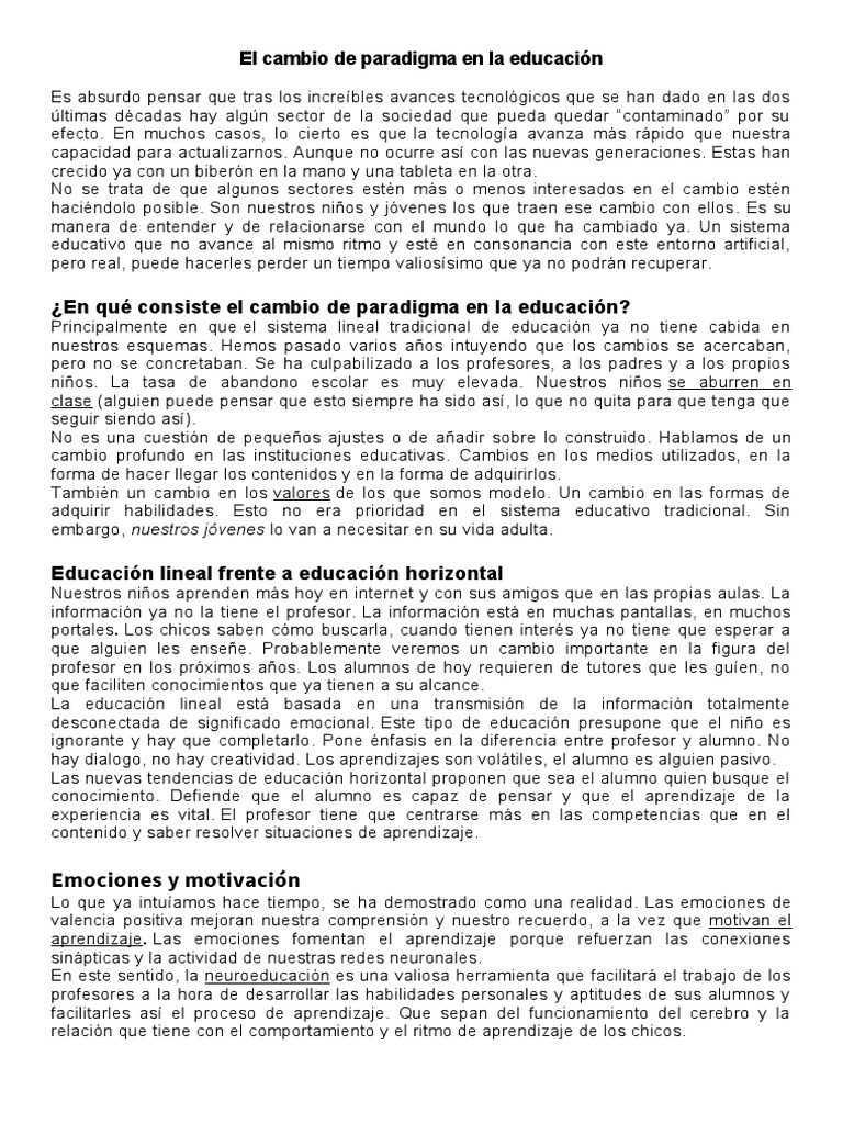 El Cambio de Paradigma en La Educación | PDF | Aprendizaje | Las emociones