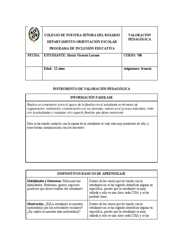 Valoración Pedagógica Maria Victoria Lozano - Francés | PDF ...