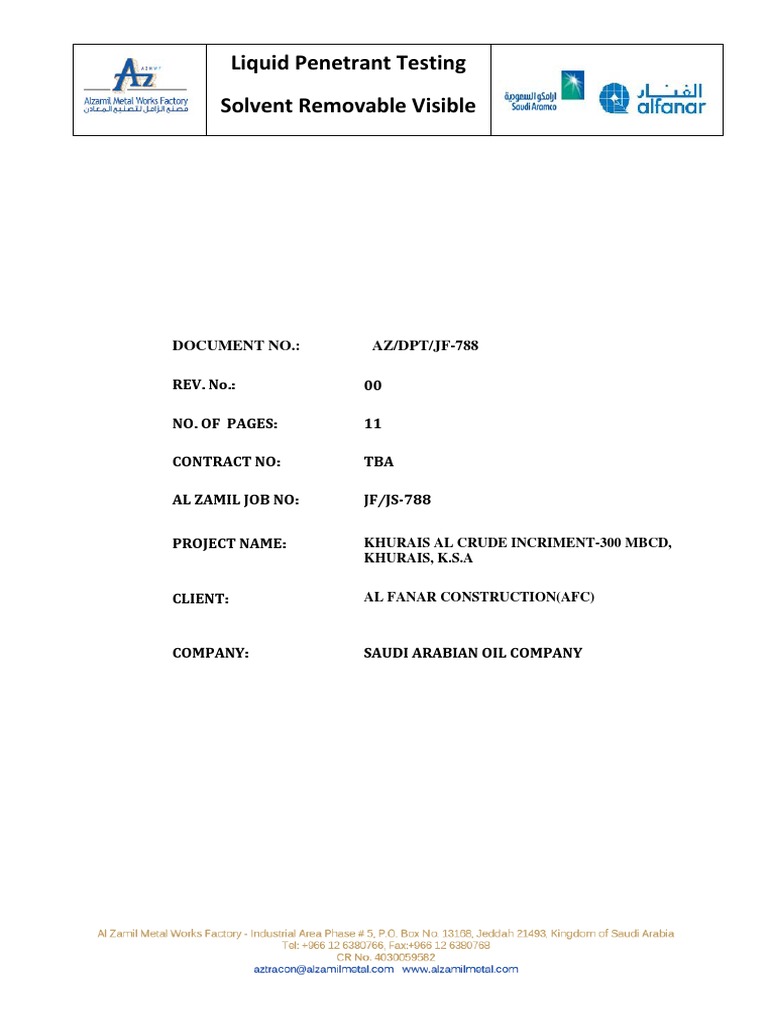 Liquid Penetrant Testing Procedure | PDF