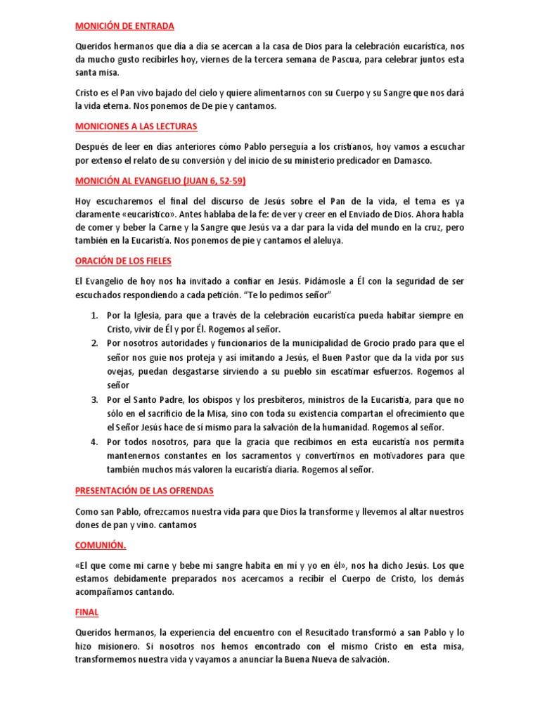 MONICIÓN DE ENTRADA | PDF | eucaristía | Misa (liturgia)
