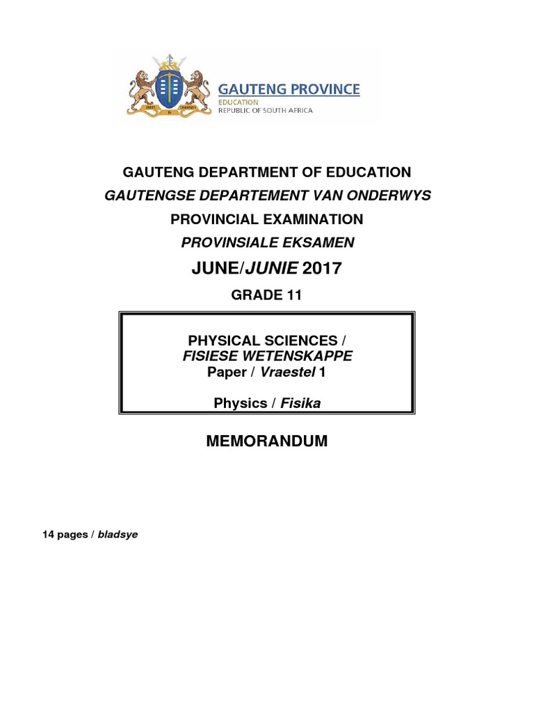June GR 11 Physical Sciences P1 MEMO | PDF | Force | Mass
