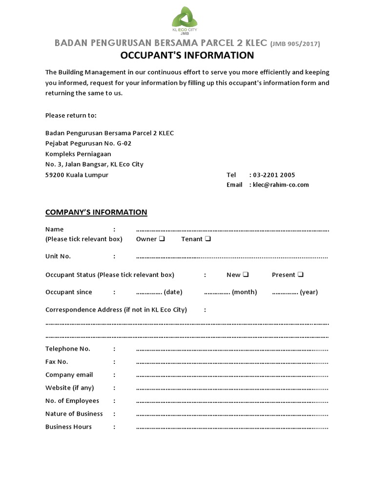 New Occupant Information Form | PDF | Finance & Money Management ...
