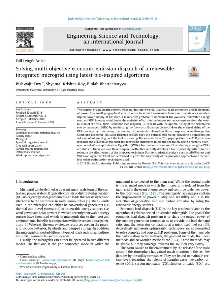 Solving Multi-Objective Economic Emission Dispatch of A Renewable Integrated Microgrid Using ...