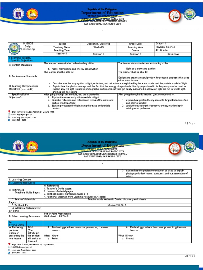 Grade 11 Physical Science Lesson Plan | PDF | Light | Emission Spectrum