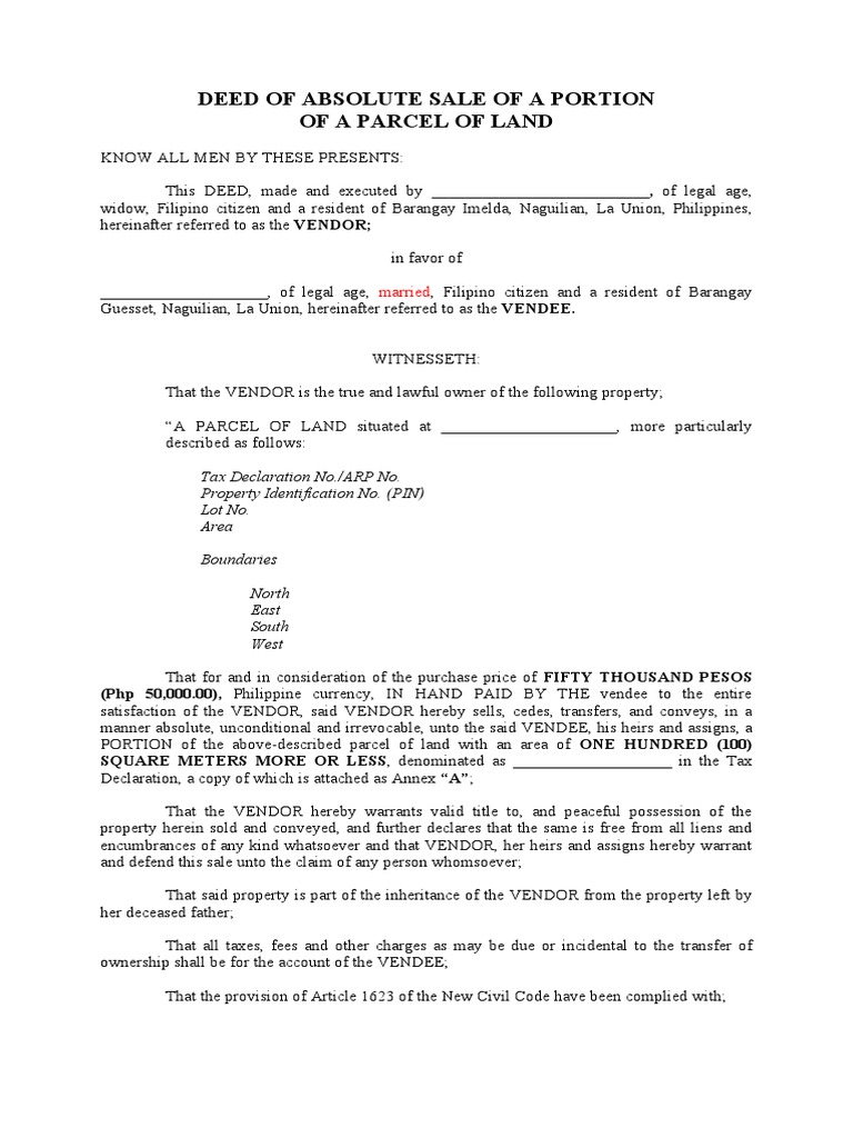 Deed of Absolute Sale of A Portion of A Parcel of Land | PDF | Deed | Civil Law (Common Law)