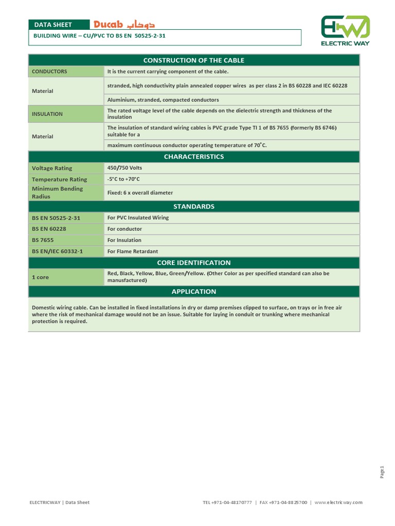 Cu/PVC Building Wire Data Sheet | PDF