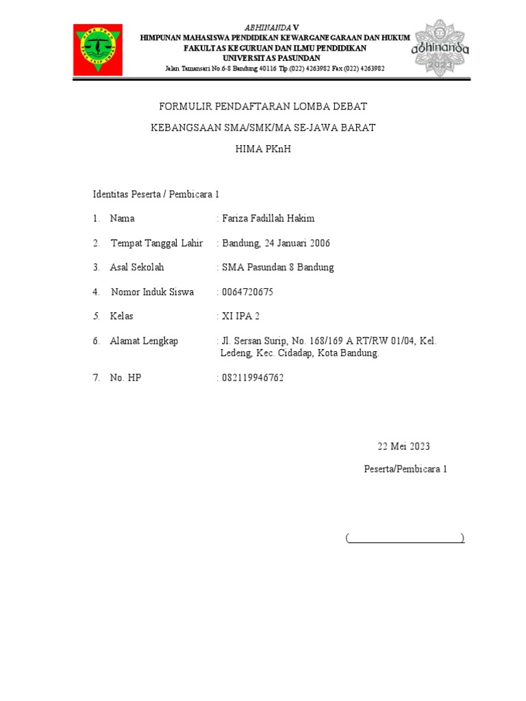 Formulir Pendaftaran Lomba Debat Kebangsaan Se-Jawa Barat 2023 | PDF