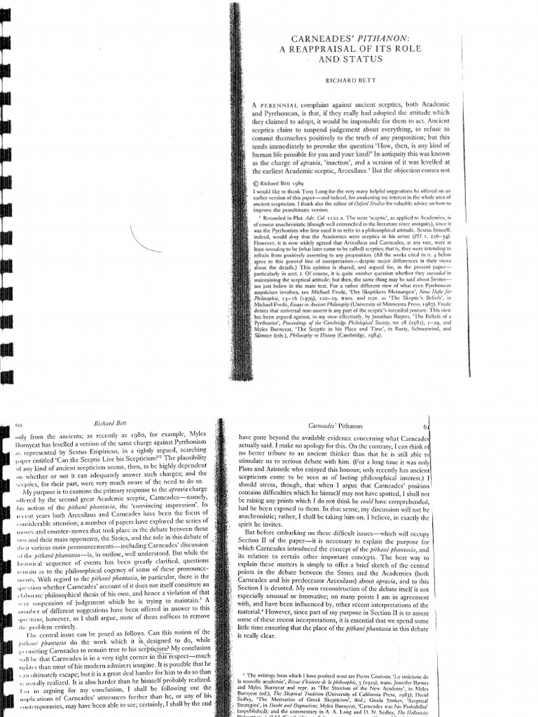 Bett, Carneades' pithanon- a reaprraisal of its role and status | PDF