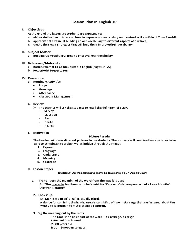 Lesson Plan in English 10 | PDF | Vocabulary | Handcuffs