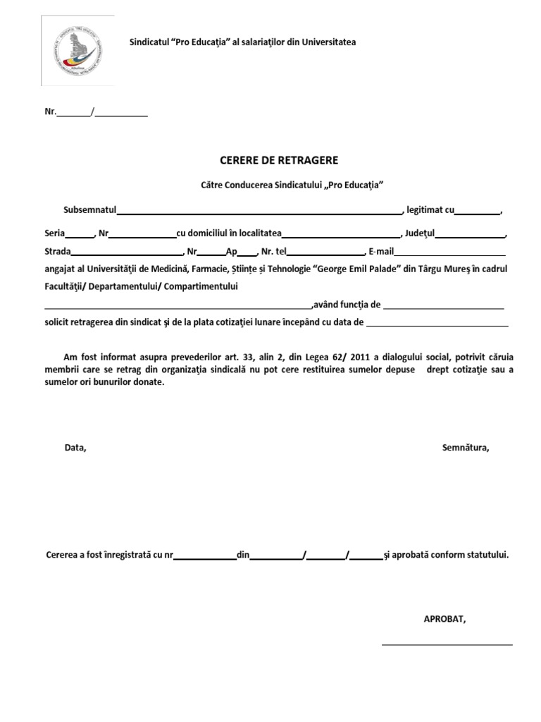 Cerere Retragere Sindicat Proeducatia | PDF
