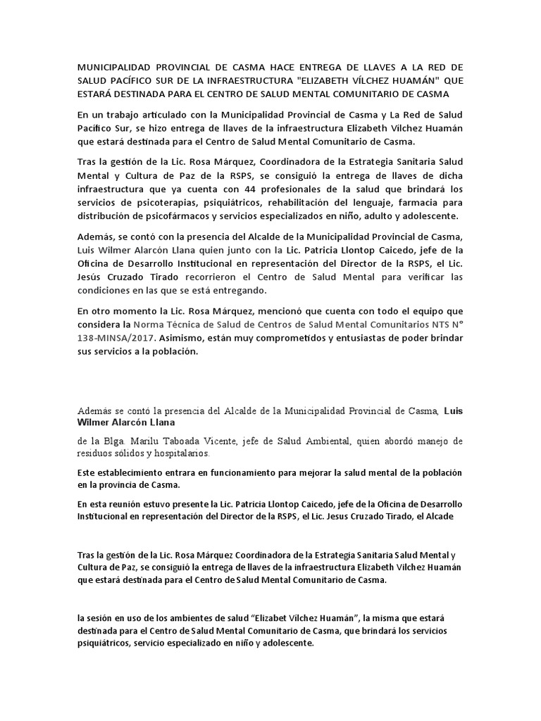 Entrega de llaves al Centro de Salud Mental Casma | PDF | Salud mental | Cuidado de la salud