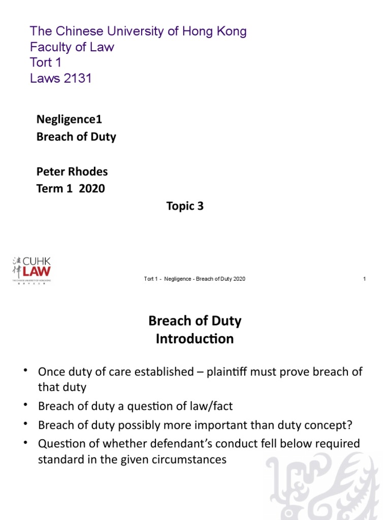 Topic 3 - Negligence - Breach of Duty - Tort 1 - 2020 | PDF ...