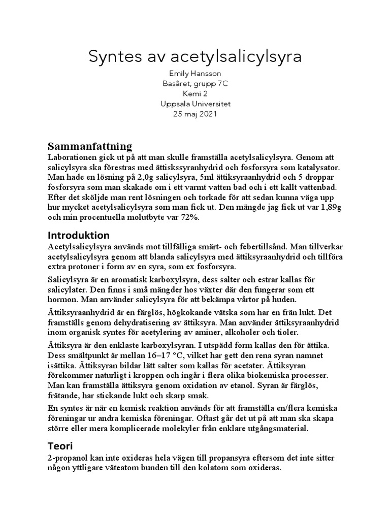 Syntes Av Acetylsalicylsyra - Kemi 2 | PDF