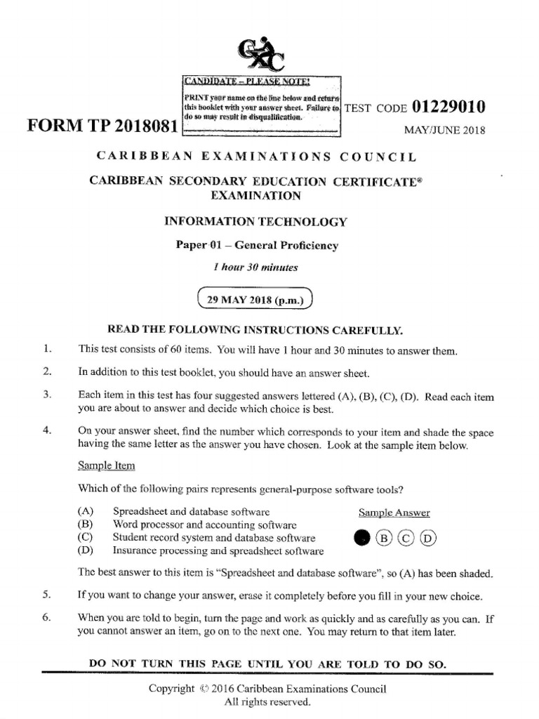 CXC June 2018 Information Technology p1 | PDF