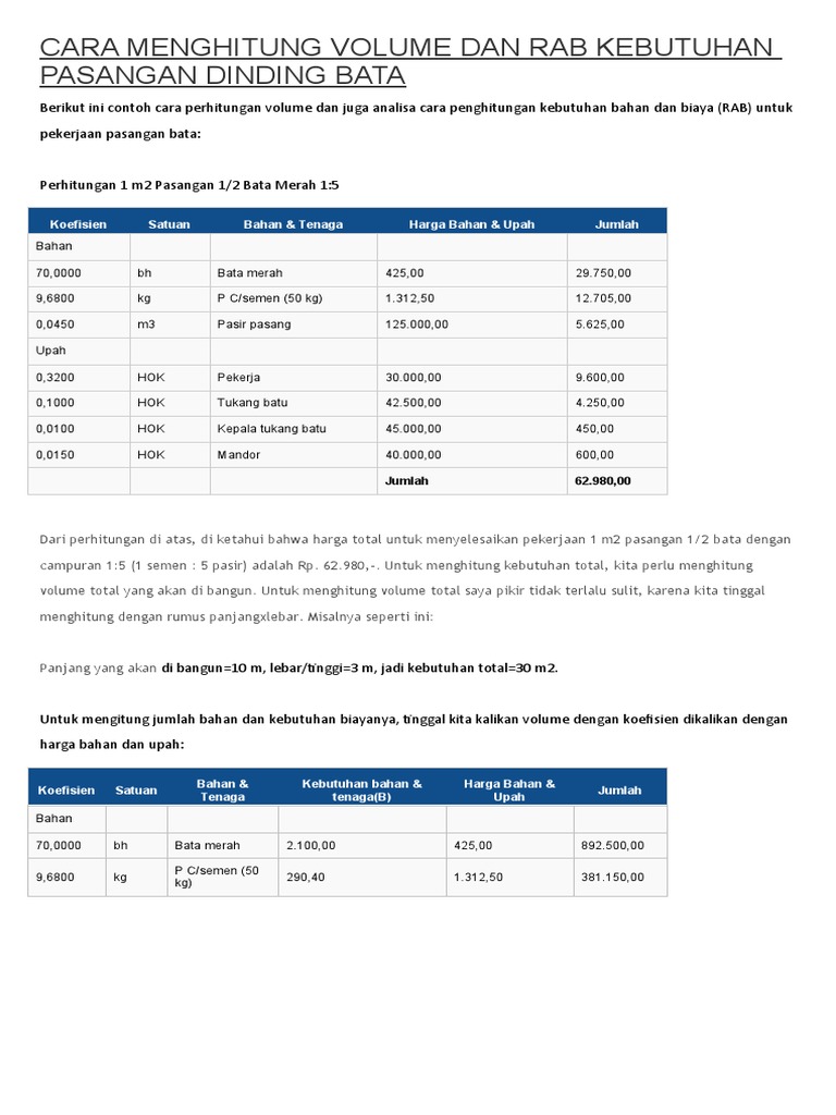 Cara Menghitung Volume Dan Rab Kebutuhan Pasangan Dinding Bata 1 | PDF | Metode & Bahan Ajar ...