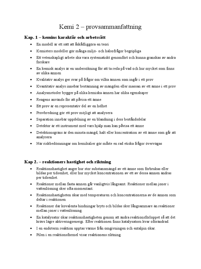 Kemi 2 - Prov Sammanfattning | PDF