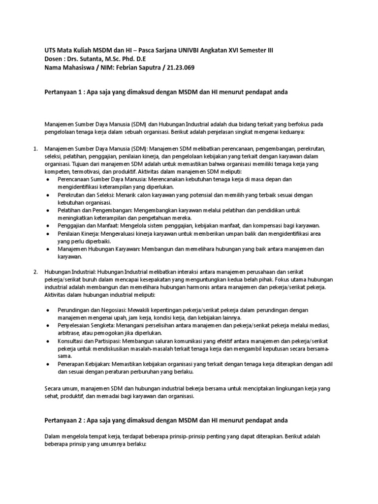 UTS Mata Kuliah MSDM Dan HI | PDF | Karier & Perkembangan