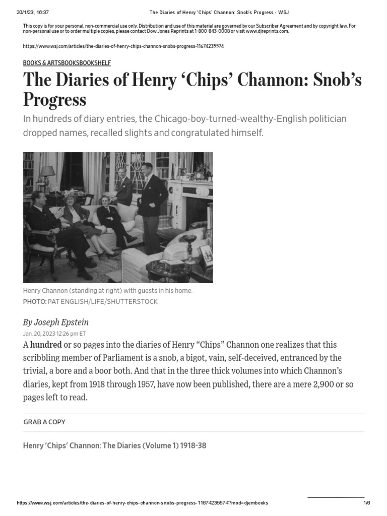 The Diaries of Henry Chips' Channon - Snob's Progress - WSJ, January 20th 2023, Book Review by ...