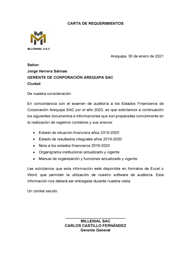 Carta de Requerimientos Image | PDF