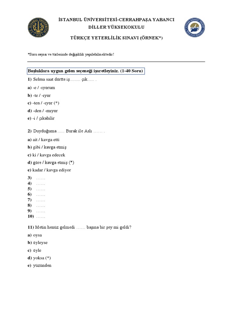 Turkce Yeterlilik Sinavi Ornek Sorular | PDF