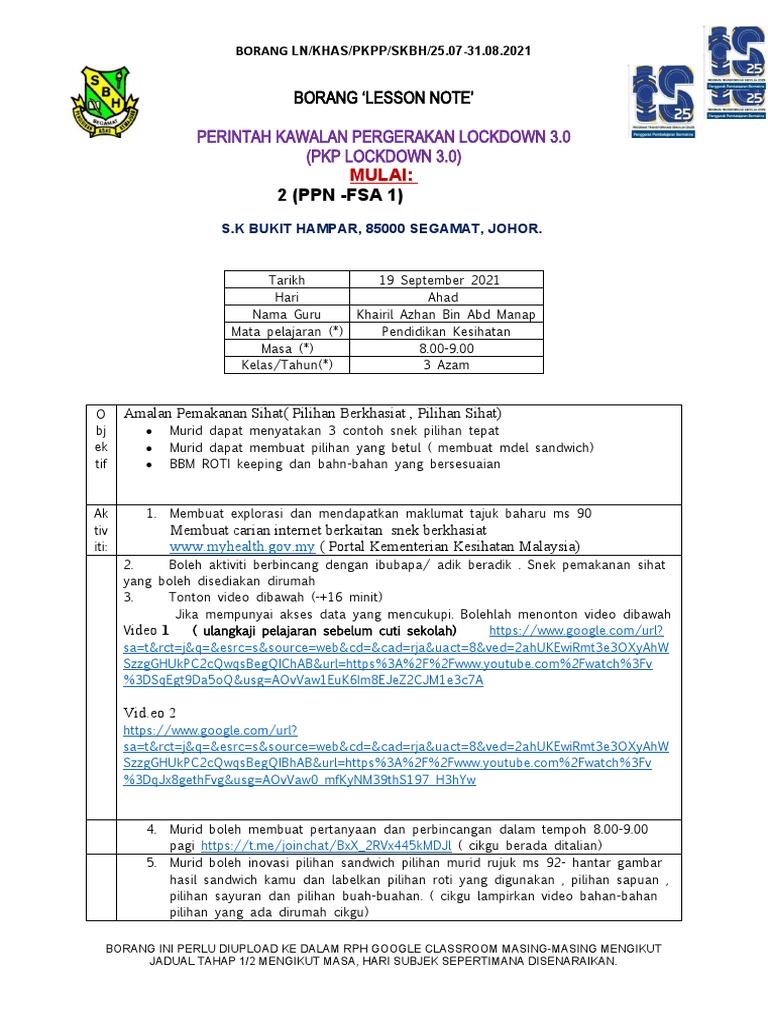 RPH Pendidikan Kesihatan Tahun 5 September 2021 | PDF