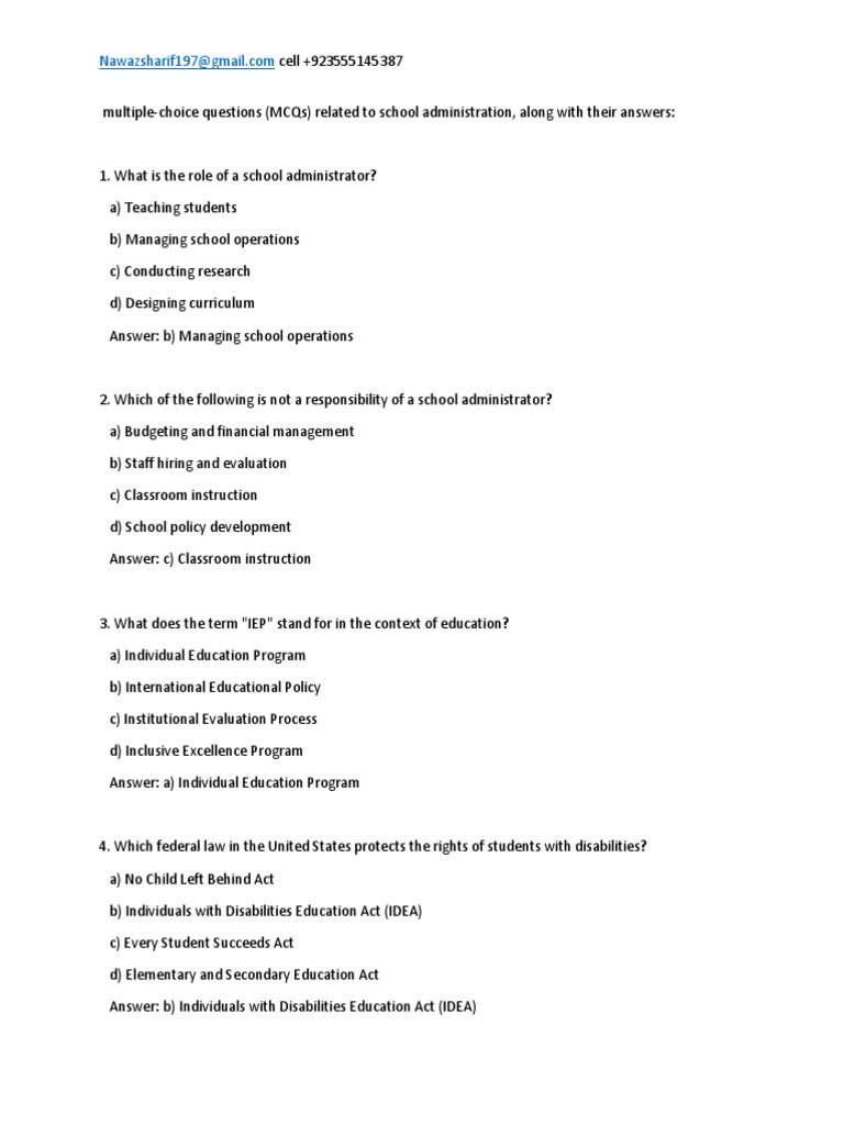 MCQs on School Administration & Supervision | PDF