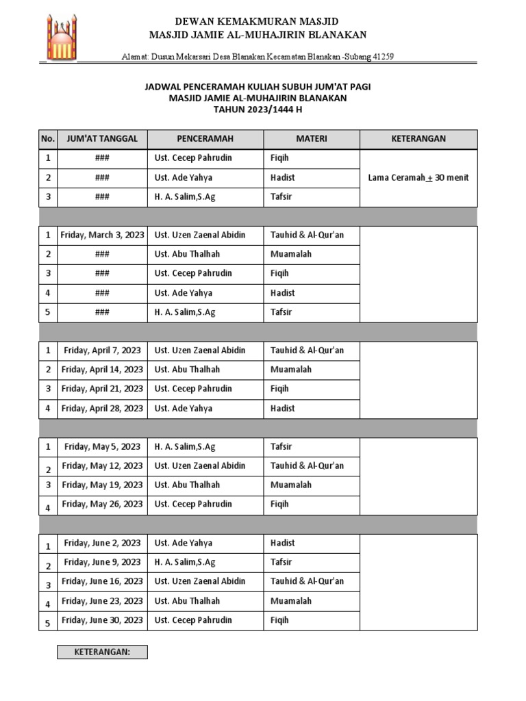 Jadwal Kuliah Subuh Masjid Al Muhajirin Pdf