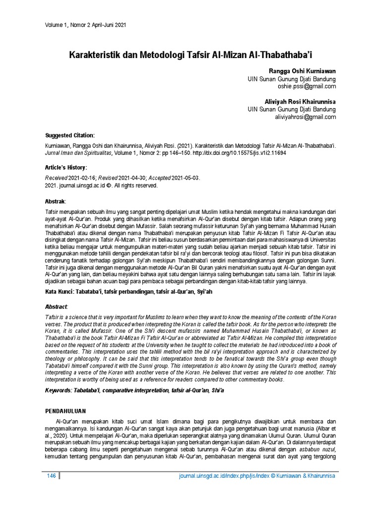 Karakteristik Dan Metodologi Tafsir Al-Mizan Al-Thabathaba'i | PDF Karakteristik Dan Metodologi Tafsir Al-Mizan Al-Thabathaba'i | PDF