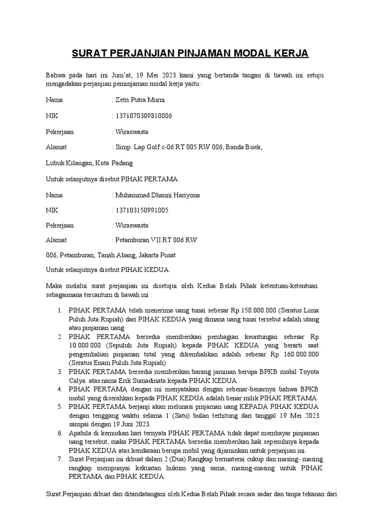Draft Surat Perjanjian Peminjaman Modal (1) | PDF