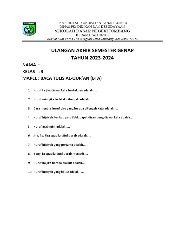 Uas Bta KLS 3 Genap | PDF