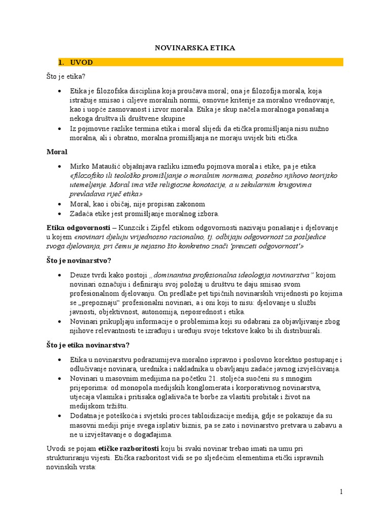 Novinarska Etika - I. Kolokvij | PDF