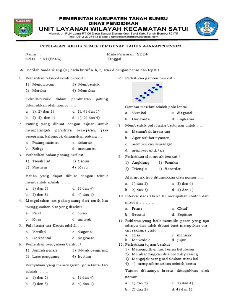 Soal Ujian Sekolah SBDP KLS 6 - 2023 | PDF