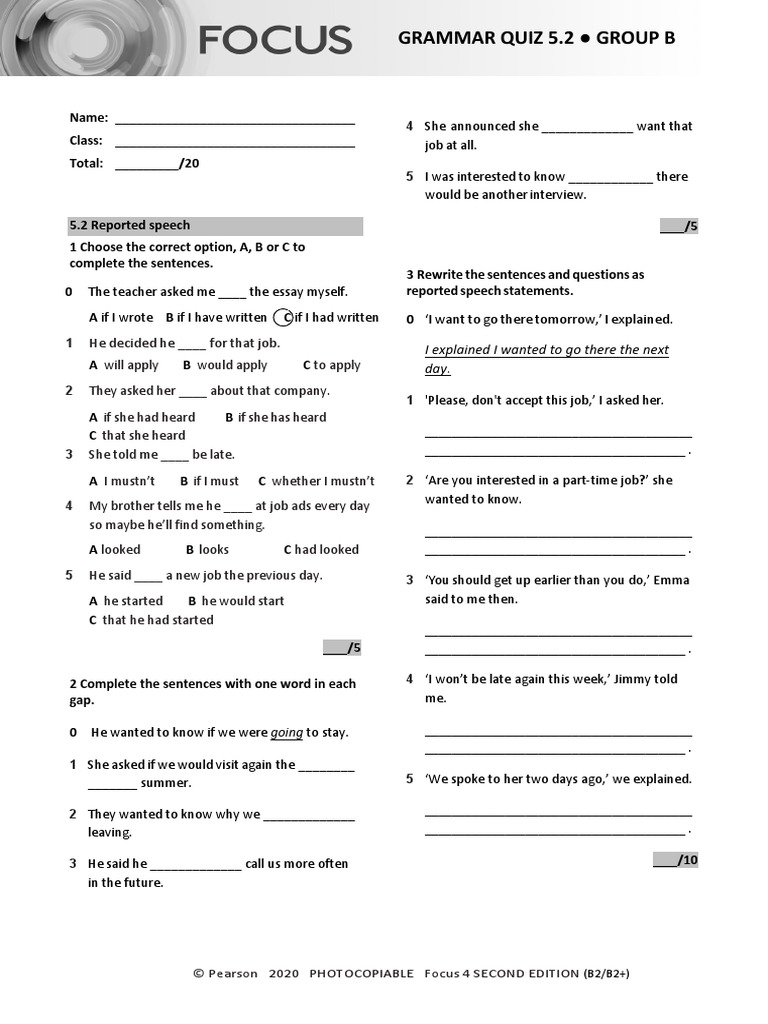 Focus4 2E Grammar Quiz Unit5 2 GroupB | PDF