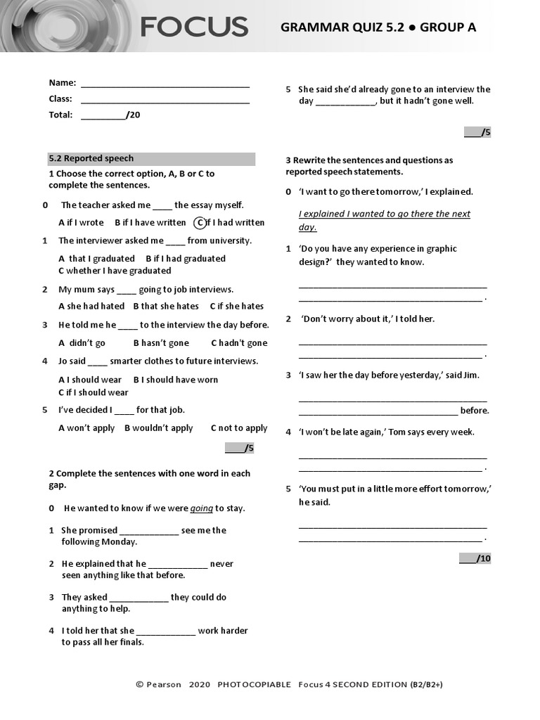 Focus4 2E Grammar Quiz Unit5 2 GroupA | PDF