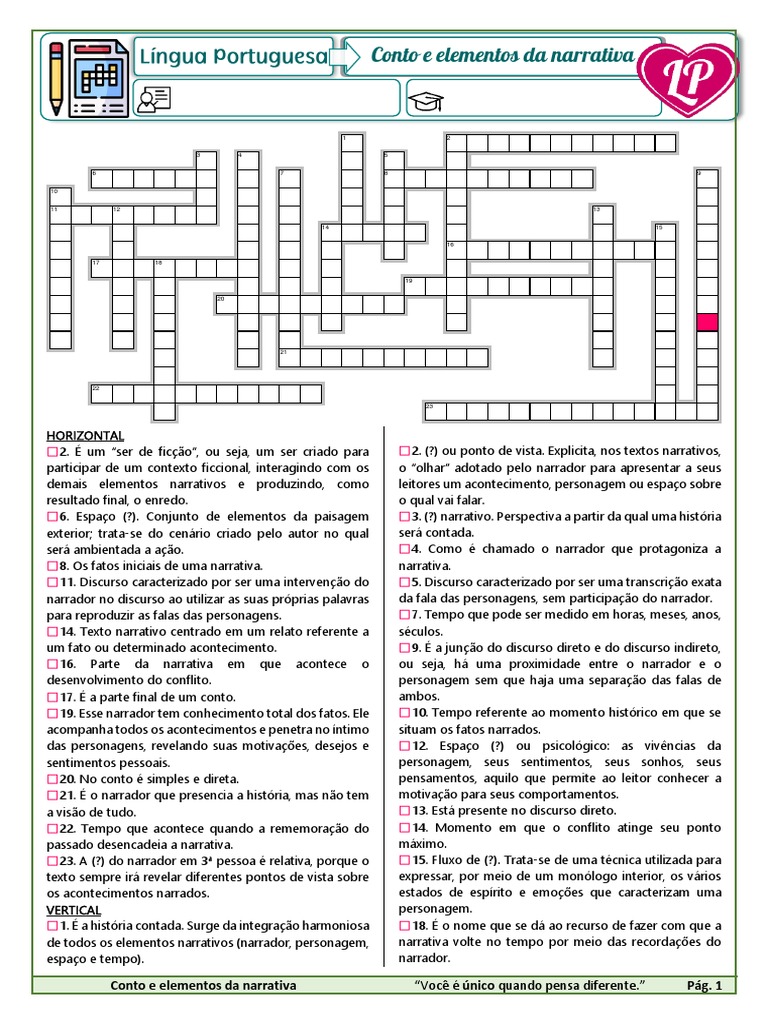 Conto-e-elementos-da-narrativa-Cruzadinha-Aluno | PDF